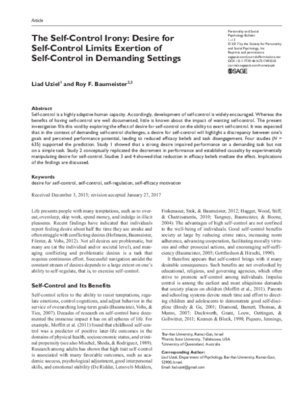(PDF) The Self-Control Irony: Desire for Self-Control Limits Exertion ...