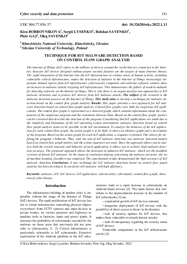 Pdf Technique For Iot Malware Detection Based On Control Flow Graph Analysis Сергій Лисенко 