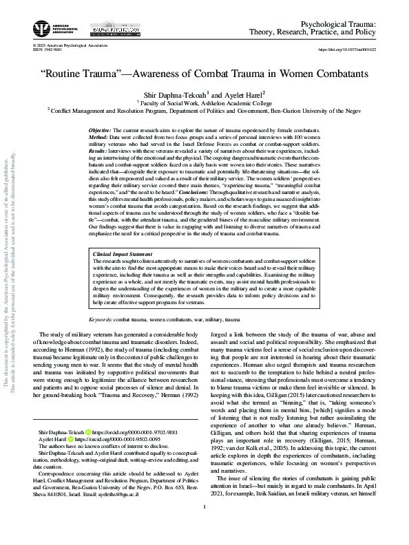 (PDF) "Routine Trauma"-Awareness of Combat Trauma in Women Combatants