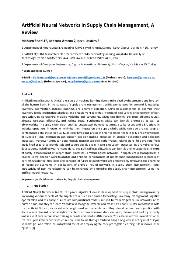 Pdf Artificial Neural Networks In Supply Chain Management A Review Mohsen Soori