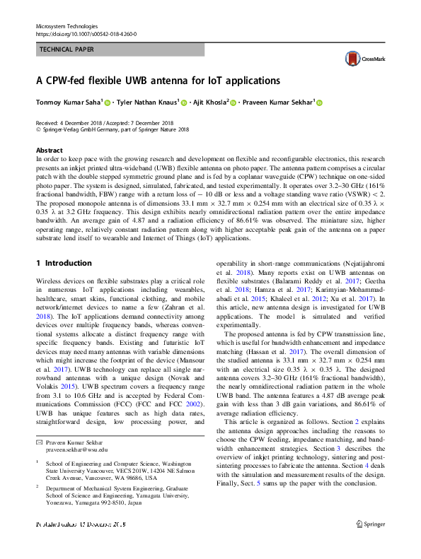 (PDF) A CPW-fed flexible UWB antenna for IoT applications