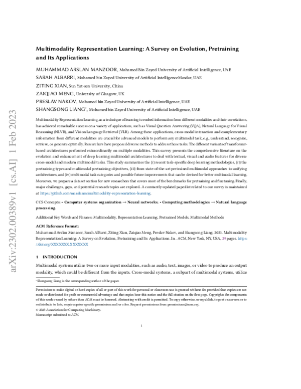 (PDF) Multimodality Representation Learning: A Survey on Evolution, Pretraining and Its Applications