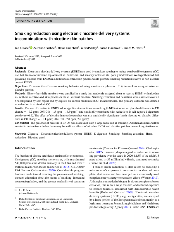 (PDF) Smoking reduction using electronic nicotine delivery systems in ...