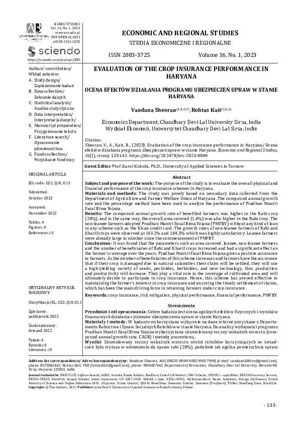(PDF) Evaluation of the Crop Insurance Performance in Haryana