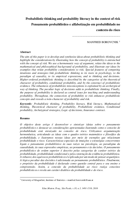 (PDF) Probabilistic thinking and probability literacy in the context of risk Pensamento ...