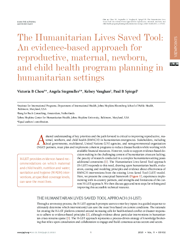 (PDF) The Humanitarian Lives Saved Tool: An evidence-based approach for ...