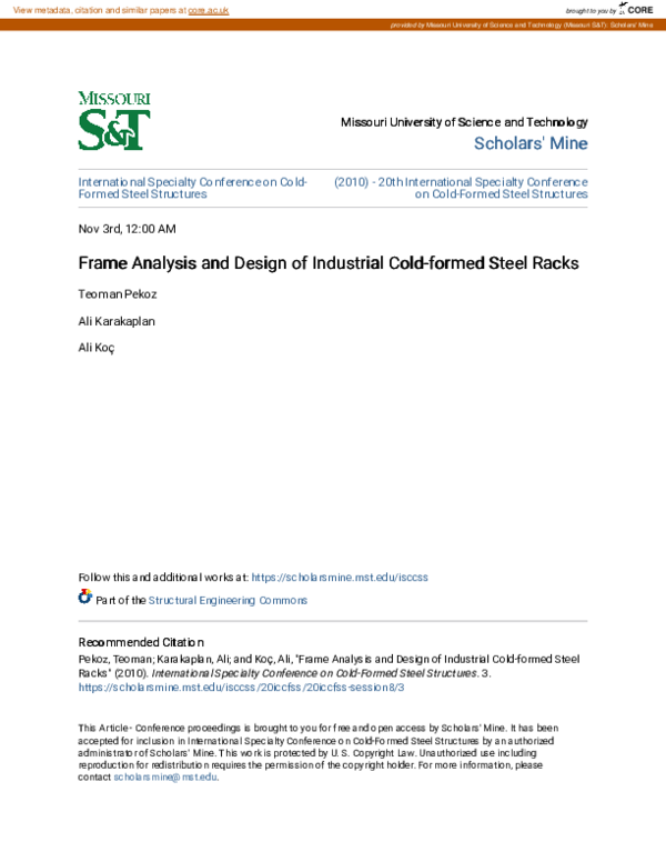 (PDF) Frame Analysis and Design of Industrial Cold-formed Steel Racks