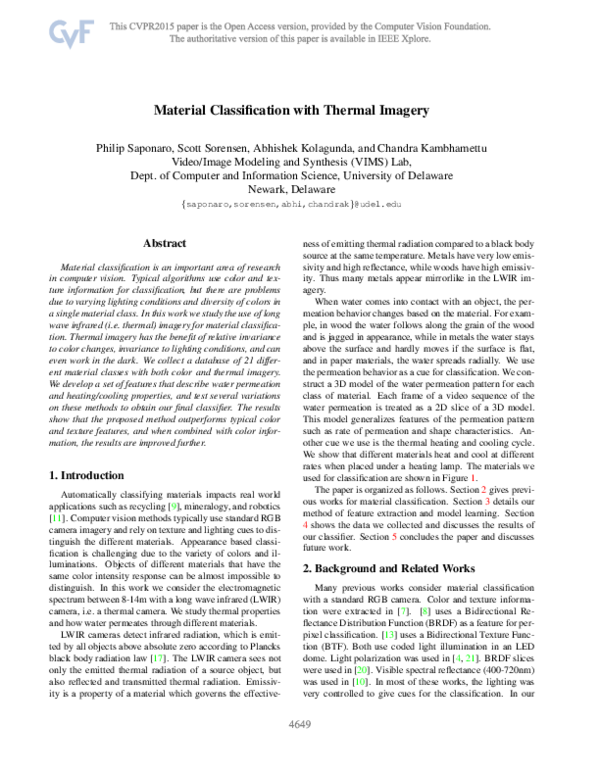(PDF) Material classification with thermal imagery