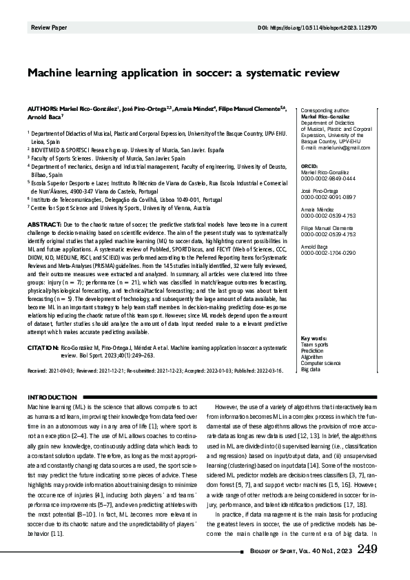 (PDF) Machine learning application in soccer: a systematic review