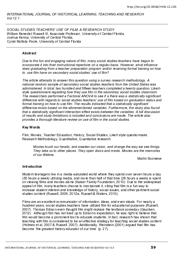 (PDF) Social Studies Teachers' Use of Film: A Research Study