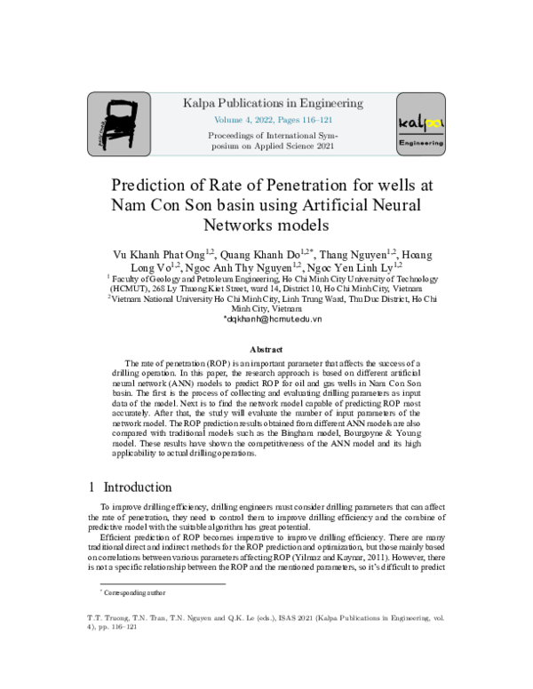 (PDF) Predicting Rate of Penetration in Nam Con Son Basin with ANN