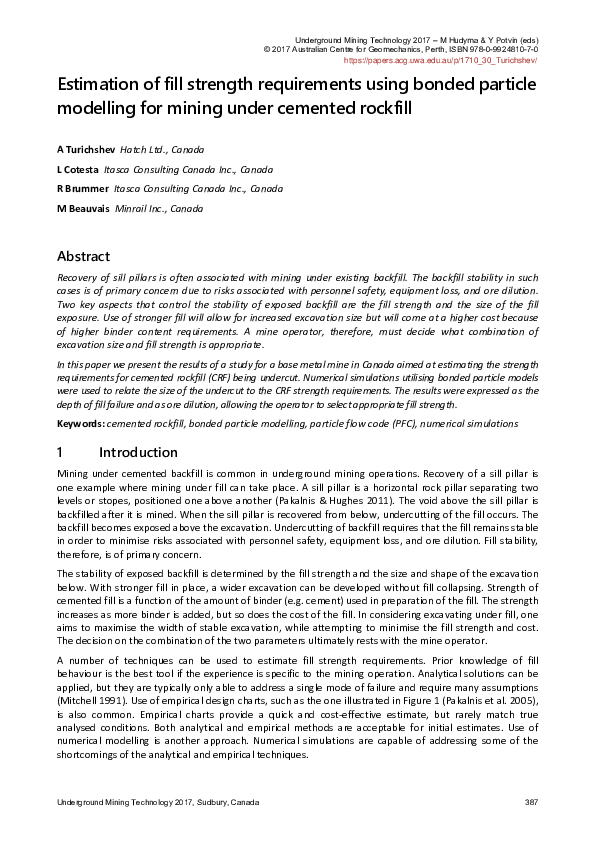 Pdf Estimation Of Fill Strength Requirements Using Bonded Particle Modelling For Mining Under