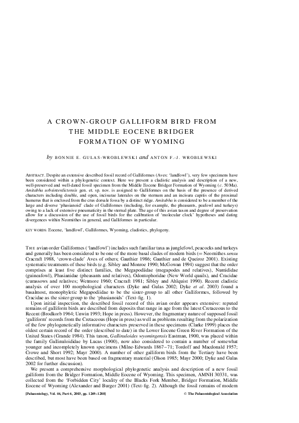 (PDF) A crown-group galliform bird from the Middle Eocene Bridger ...