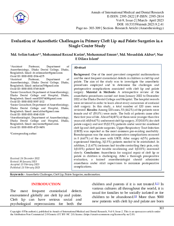 (PDF) Evaluation of Anaesthetic Challenges in Primary Cleft Lip and ...