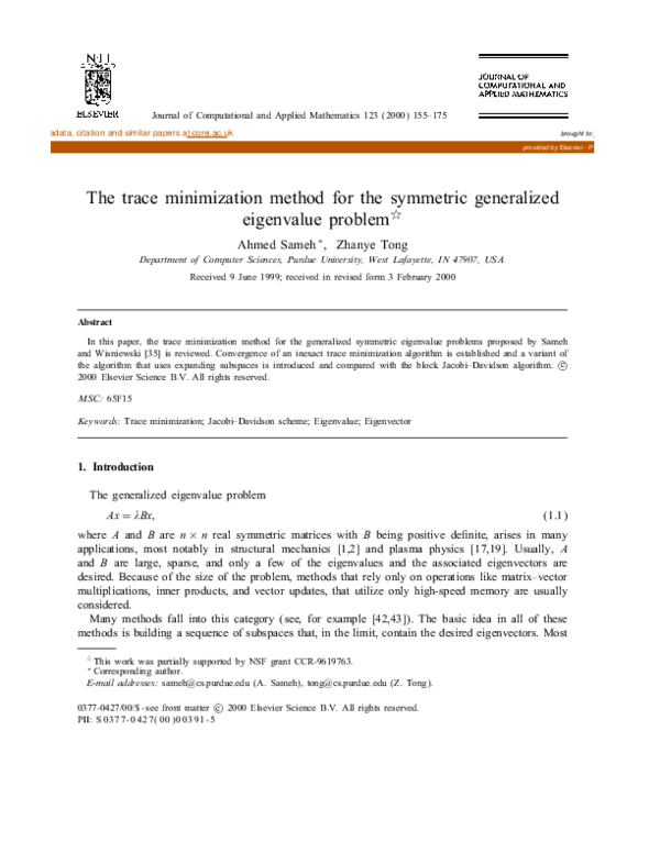 Pdf The Trace Minimization Method For The Symmetric Generalized Eigenvalue Problem