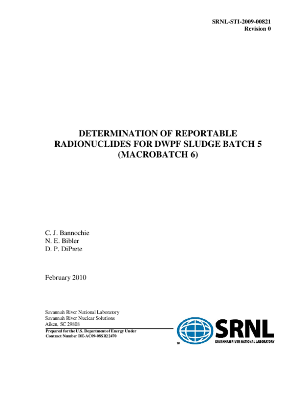(PDF) Determination of Reportable Radionuclides for DWPF Sludge Batch 2 ...