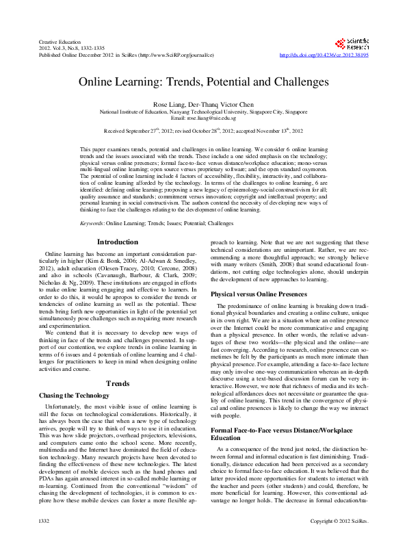 (PDF) Online Learning: Trends, Potential and Challenges