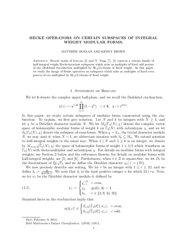 (PDF) Hecke operators on certain subspaces of integral weight modular forms