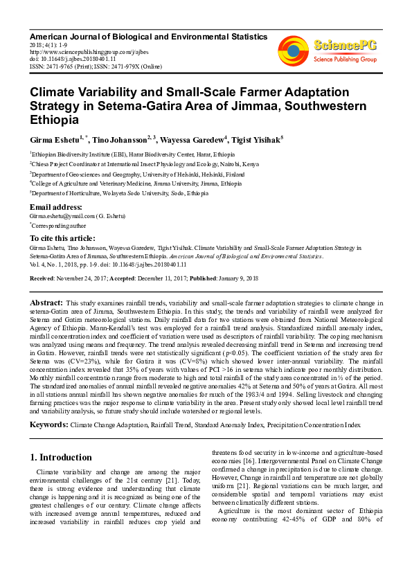 (PDF) Climate Variability and Small-Scale Farmer Adaptation Strategy in Setema-Gatira Area of ...