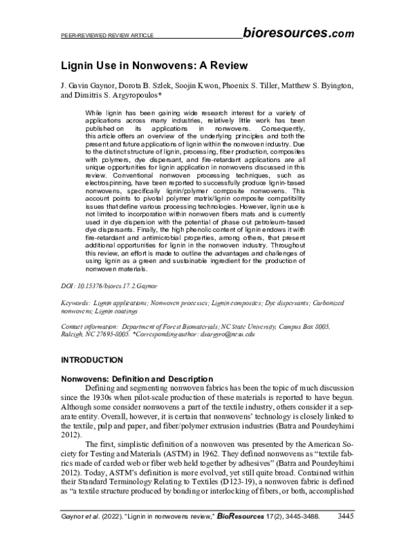 (PDF) Lignin use in nonwovens: A review