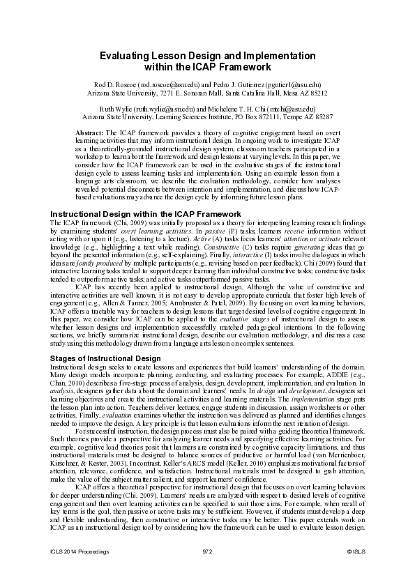 (PDF) Evaluating Lesson Design and Implementation within the ICAP Framework