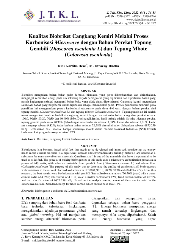 (PDF) Kualitas Biobriket Cangkang Kemiri Melalui Proses Karbonisasi ...
