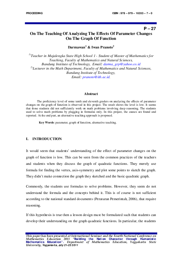 (PDF) On The Teaching Of Analyzing The Effects Of Parameter Changes On The Graph Of Function