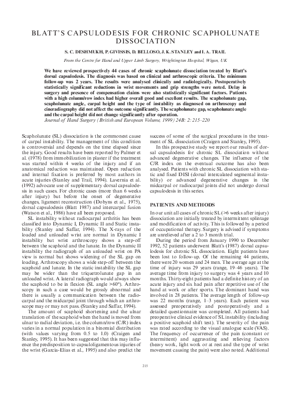 (PDF) Blatt’s Capsulodesis for Chronic Scapholunate Dissociation