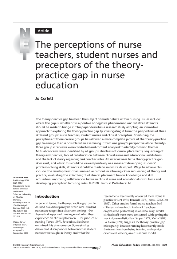 (PDF) The perceptions of nurse teachers, student nurses and preceptors of the theory-practice ...