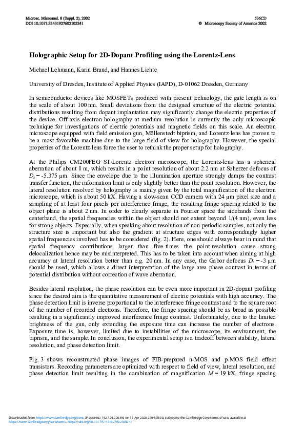 (PDF) Holographic Setup for 2D-Dopant Profiling using the Lorentz-Lens