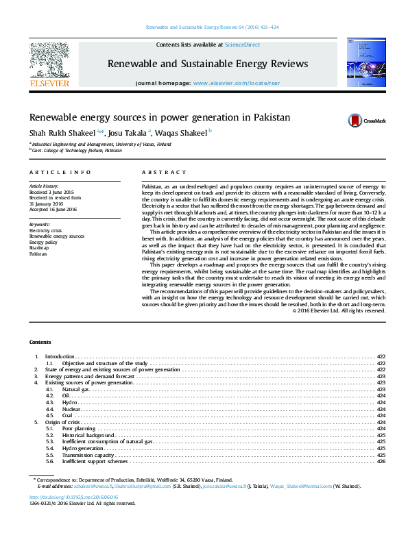 (PDF) Renewable energy sources in power generation in Pakistan