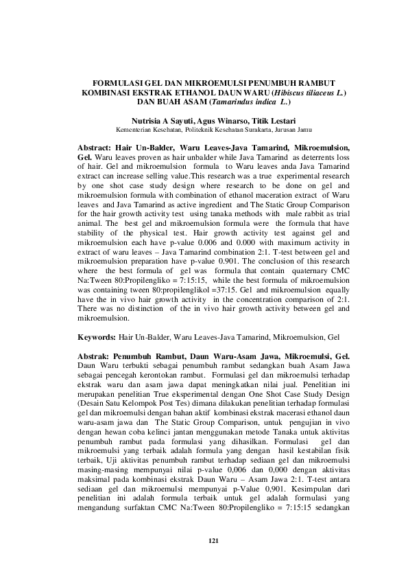 (PDF) FORMULASI GEL DAN MIKROEMULSI PENUMBUH RAMBUT KOMBINASI EKSTRAK ...