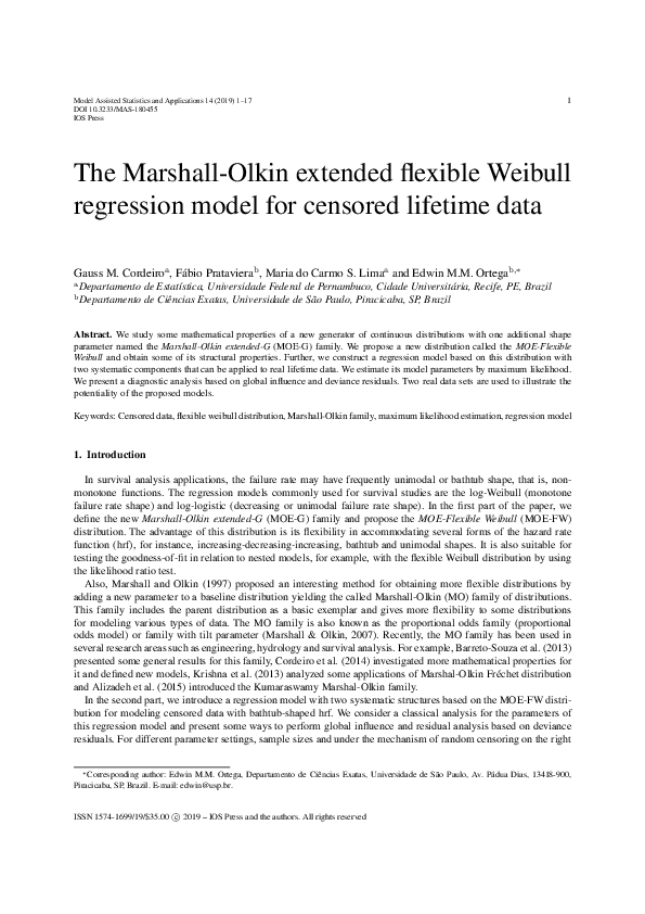 (PDF) The Marshall-Olkin extended flexible Weibull regression model for censored lifetime data
