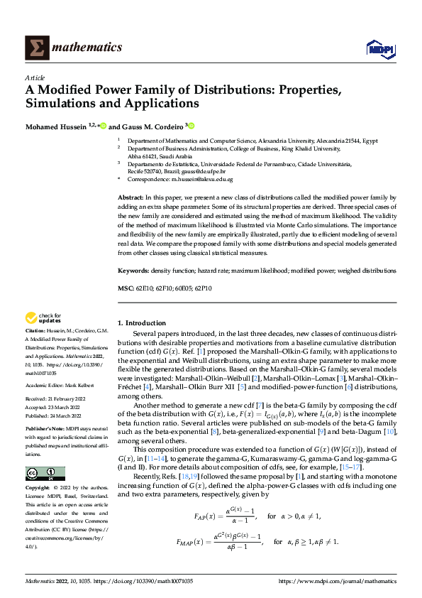 (PDF) A Modified Power Family of Distributions: Properties, Simulations ...