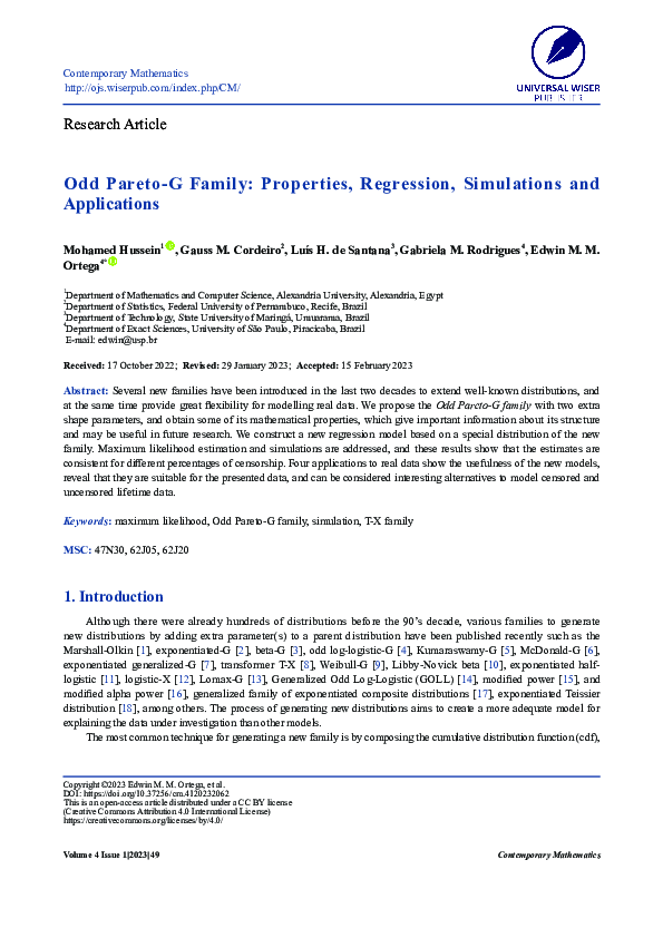 (PDF) Odd Pareto-G Family: Properties, Regression, Simulations and ... (PDF) Odd Pareto-G Family: Properties, Regression, Simulations and ...
