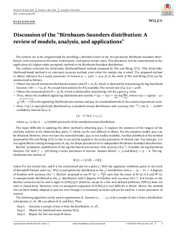Pdf Discussion Of “birnbaum‐saunders Distribution A Review Of Models Analysis And Applications”