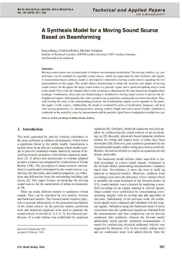 (PDF) A Synthesis Model for a Moving Sound Source Based on Beamforming
