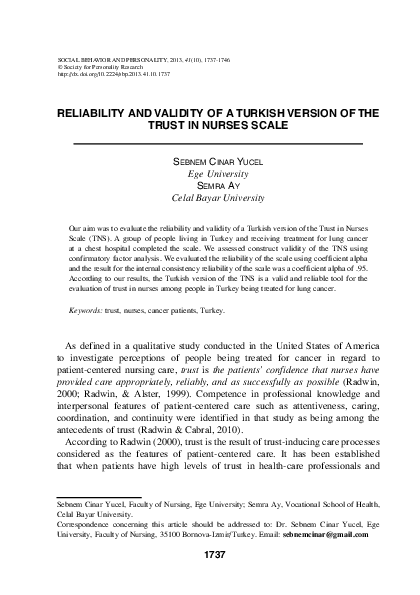 (PDF) Reliability and Validity of a Turkish Version of the Trust in Nurses Scale