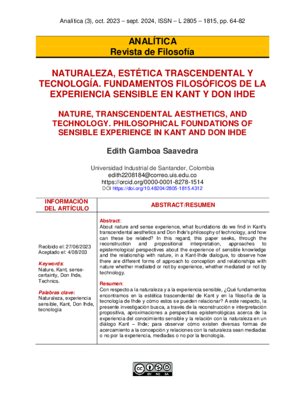 (PDF) Naturaleza, Estética Trascendental y Tecnología. Fundamentos ...