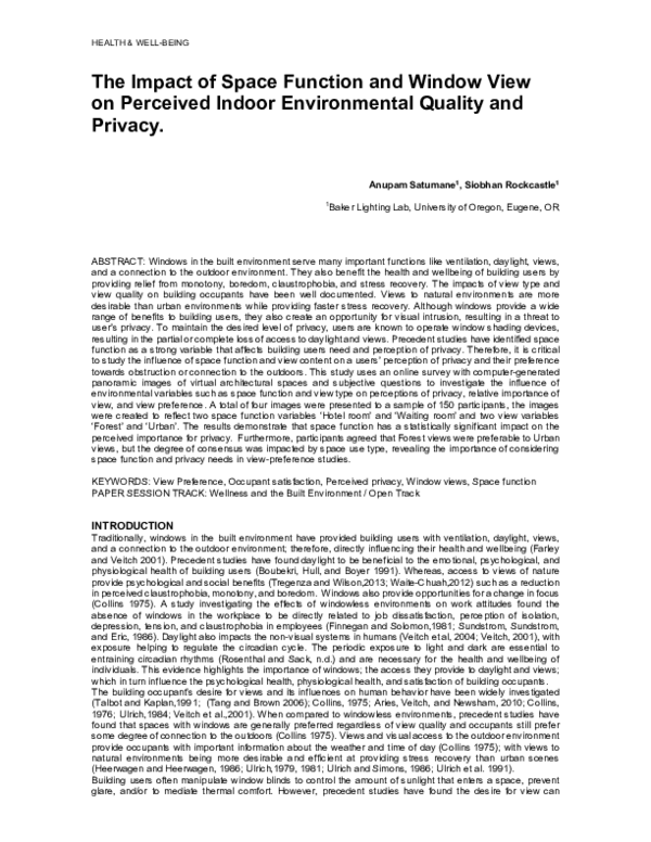 (PDF) The Impact of Space Function and Window View on Perceived Indoor Environmental Quality and ...