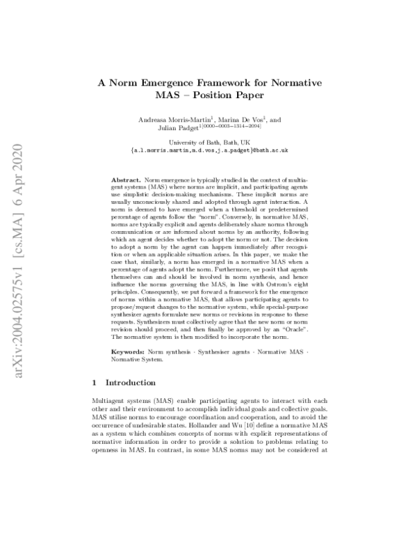 (PDF) A Norm Emergence Framework for Normative MAS -- Position Paper