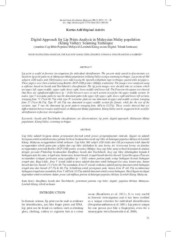 (PDF) Digital Approach for Lip Prints Analysis in Malaysian Malay population (Klang Valley ...