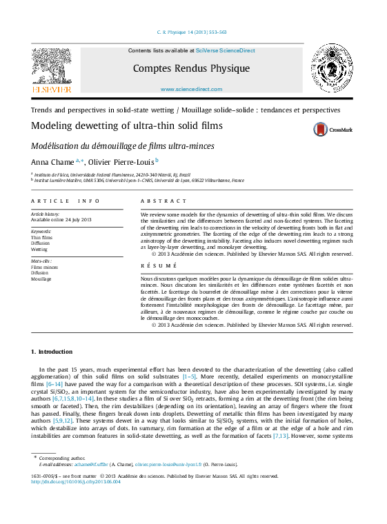 (PDF) Modeling dewetting of ultra-thin solid films | Anna Chame - Academia.edu