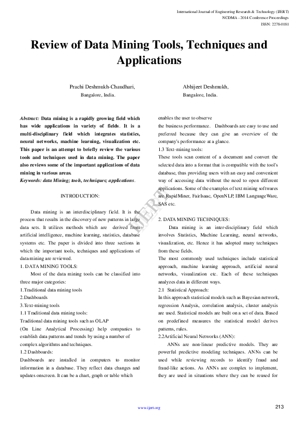 (PDF) Review of Data Mining Tools, Techniques and Applications | Prachi ...