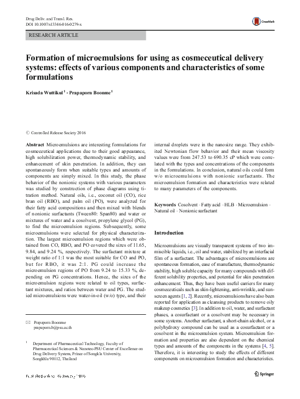 (PDF) Formation of microemulsions for using as cosmeceutical delivery systems: effects of ...