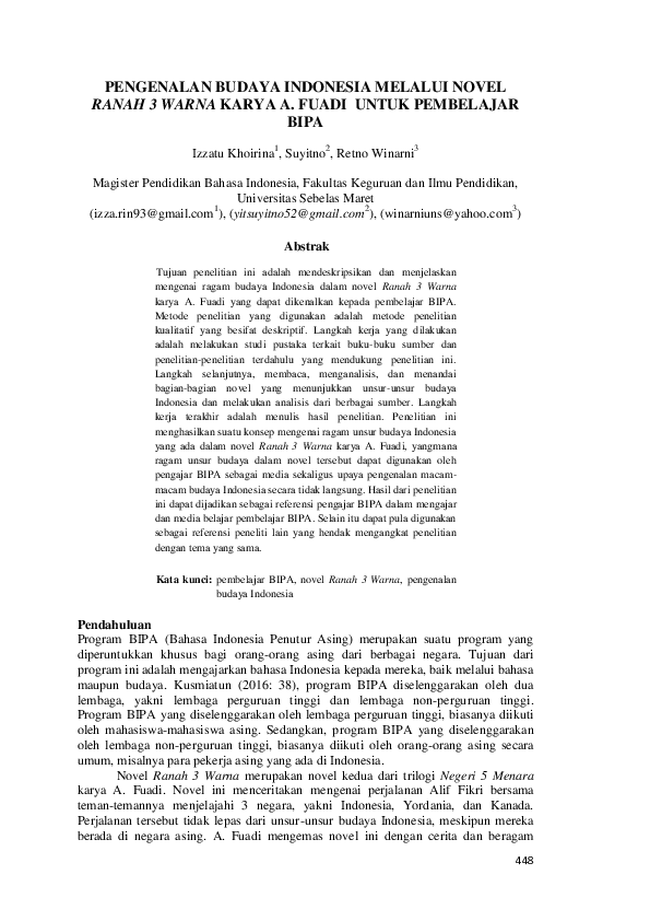 (PDF) Pengenalan Budaya Indonesia Melalui Novel Ranah 3 Warna Karya A. Fuadi Untuk Pembelajar Bipa