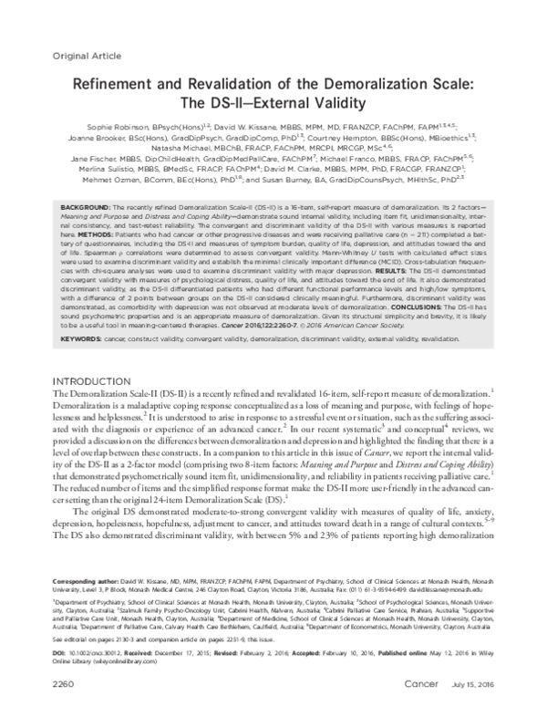 (PDF) Refinement and revalidation of the demoralization scale: The DS ...
