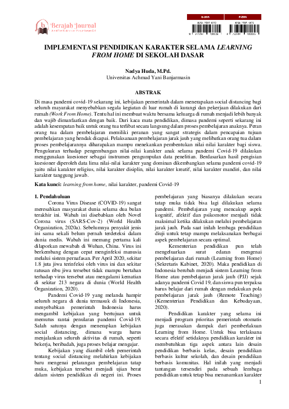 (PDF) Implementasi Pendidikan Karakter Selama Learning from Home DI Sekolah Dasar