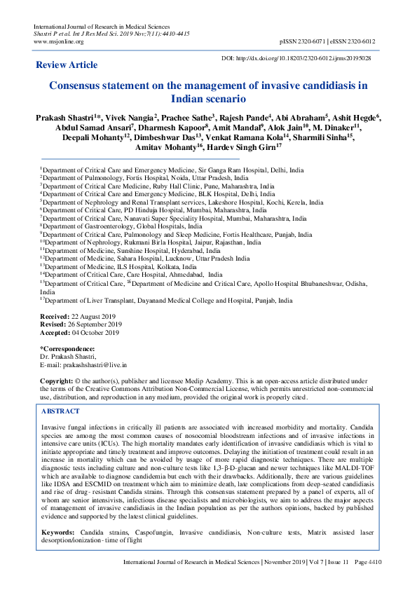 (PDF) Consensus statement on the management of invasive candidiasis in Indian scenario
