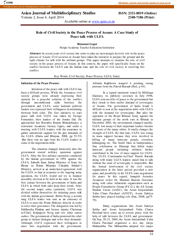 (PDF) Role of civil society in the Peace Process of Assam: A Case Study ...